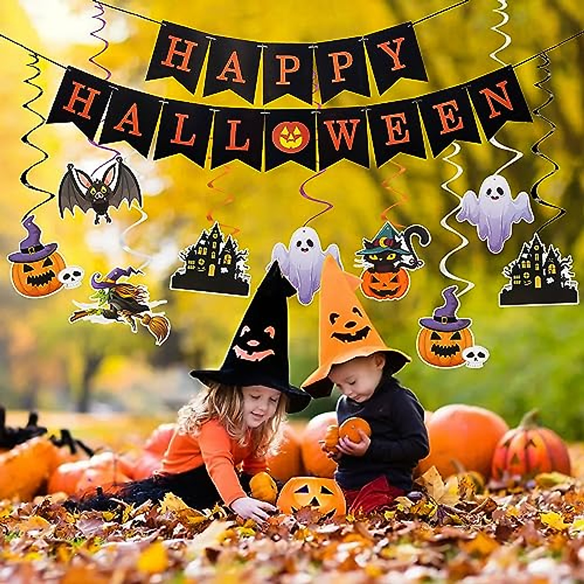 Lucleag 12Pcs Halloween Hanging Swirls Decorations & Halloween Banner, Pumpkin Bat Witch Ghost Hanging Decor Happy Halloween Banner for Ceiling Wall, Hanging Decoration for Halloween Party Supplies