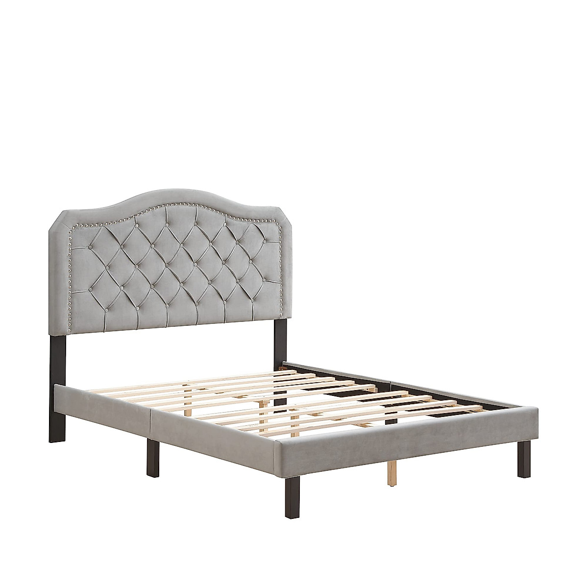 Prohon Queen Platform Bed with Tufted Trim Headboard, Upholstered Bed Frame Curved Bedframes for Kids, Teen & Adults, No Box Spring Needed, 83.8"L x 69.29"W x 42.5"H, Grey