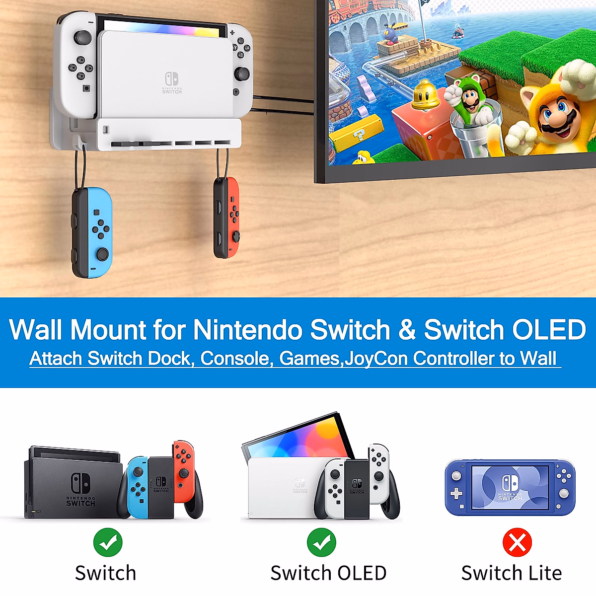 SOKUSIN Wall Mount for Nintendo Switch/OLED - Wall Mount Kit Shelf Stand for Safely Store Your Console, Dock, Games, Controller Near/Behind TV (White)