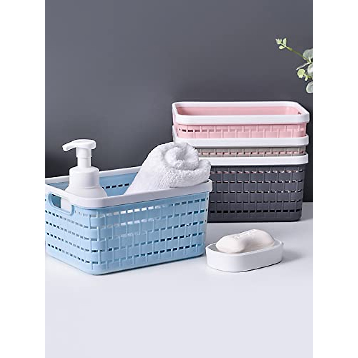 SOUJOY 5 Pack Classroom Storage Basket with Handles, Woven Plastic Organizing Bin, 9.1"L x 6.8''W x 4.5H'' Office Storage Organizer Bin for Pantry, School, Toy, Beauty Products