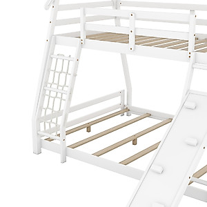 Harper & Bright Designs Twin Over Queen Bunk Bed with Climbing Nets and Climbing Ramp,Wooden Playhouse Bunk Beds for Kids,Girls & Boys,No Box Spring Needed, White