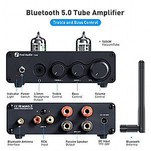 Fosi Audio T20X Bluetooth Tube Stereo Amplifier Home Audio Headphone Amp 2.0 Channel Class D Digital Mini Hi-Fi Power Amp Receiver for Home Bookshelf Speakers with JAN 5654W Vacuum Tubes