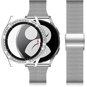 JOYOZY Bands Compatible with Samsung Galaxy Watch 4 40mm with Screen Protector Case,20mm Quick Release Watch Band Stainless Steel Strap & Diamond Bezel Case Cover for Galaxy Watch 4