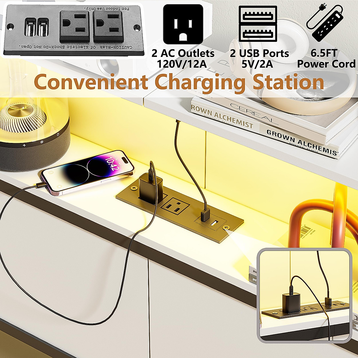 PAKASEPT Headboard Queen Size, Queen Headboards with Outlets, USB Ports and RGB LED Light, 4-Tier Storage Queen Head Board Only for Queen Size Bed, Height Adjustable, White