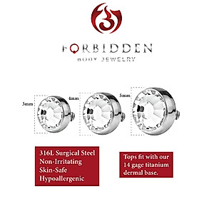 Forbidden Body Jewelry Dermal Piercing Jewelry, Dermal Piercing Kit, 14G Surgical Steel Flat CZ Dermal Tops (3pcs/3mm/4mm/5mm Clear Color)