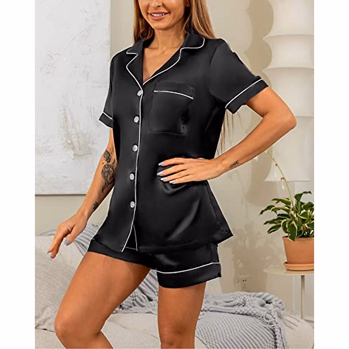 YIMANIE Womens Silk Satin Pajama Sets Two-piece Short Sleeve Shirt and Shorts Button Down Pj Set Loungewear Black