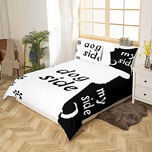 Dog Side and My Side Comforter Cover Valentine's Day Present Couple Bedding Set Black White Dog Duvet Cover Set Romantic Theme Couple Adult Bedspread with Zipper Ties Soft Microfiber Quilt Set, Queen