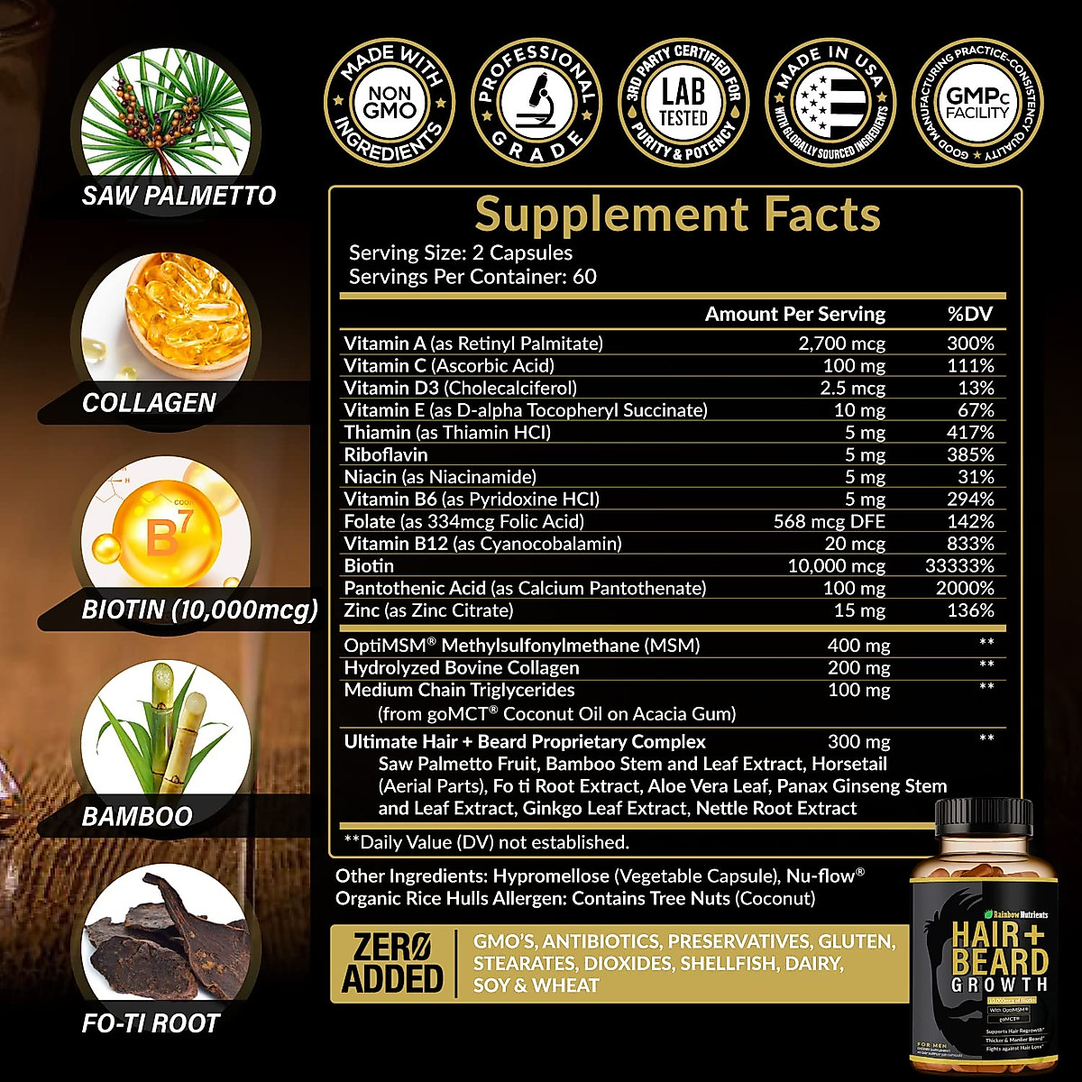 Hair + Beard Growth Vitamins for Men | Biotin 10,000mcg, Collagen, Patented OptiMSM®, goMCT®, Saw Palmetto | 60 Day Supply | Naturally Regrow Stronger, Thicker, Healthier Hair & Stops Hair Los