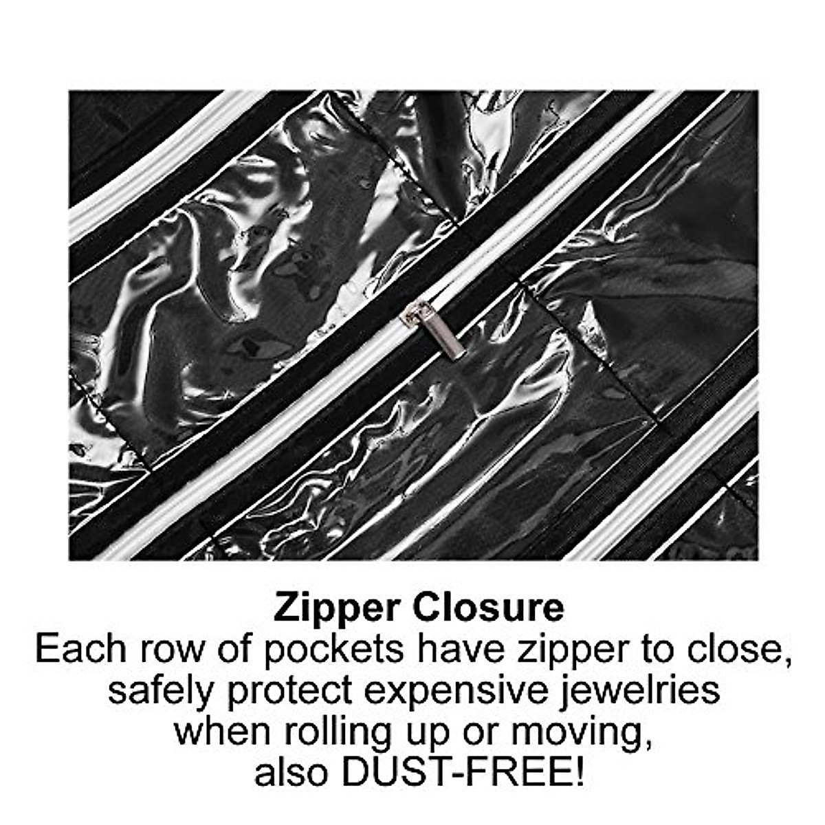 56 Pockets Large Zippered Dual Sided Jewelry Hanging Organizer Necklace Earrings Bracelets Rings Accessories Storage Bag Wall Mounted Door Cabinet Hanger Holder Clear Pouch Display Foldable for Travel