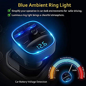 Bluetooth FM Transmitter for Car, Blue Ambient Ring Light Wireless Radio Car Receiver Adapter Kit with Hands-Free Calling, Dual USB Charger 5V/2.4A and 1A, Support SD Card, USB Disk (Black)