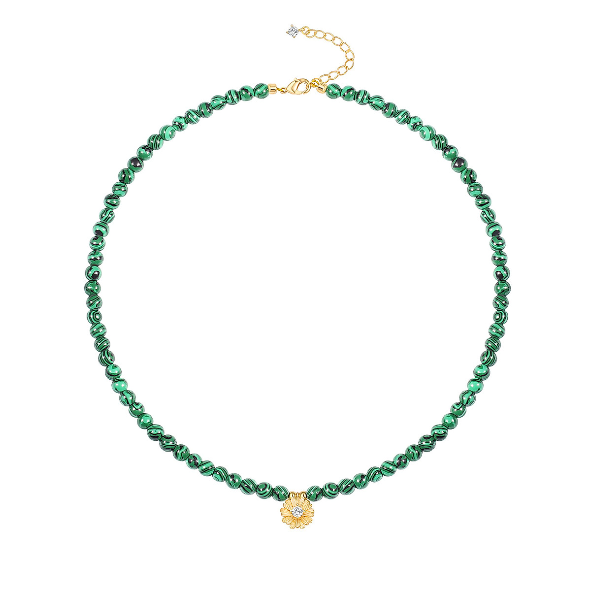 PERNNLA PEARL Protection Malachite Crystal Beaded Necklace for Women Cute Daisy Flower Gold Pendant Choker Necklace Dainty Handmade Boho Jewelry 15”