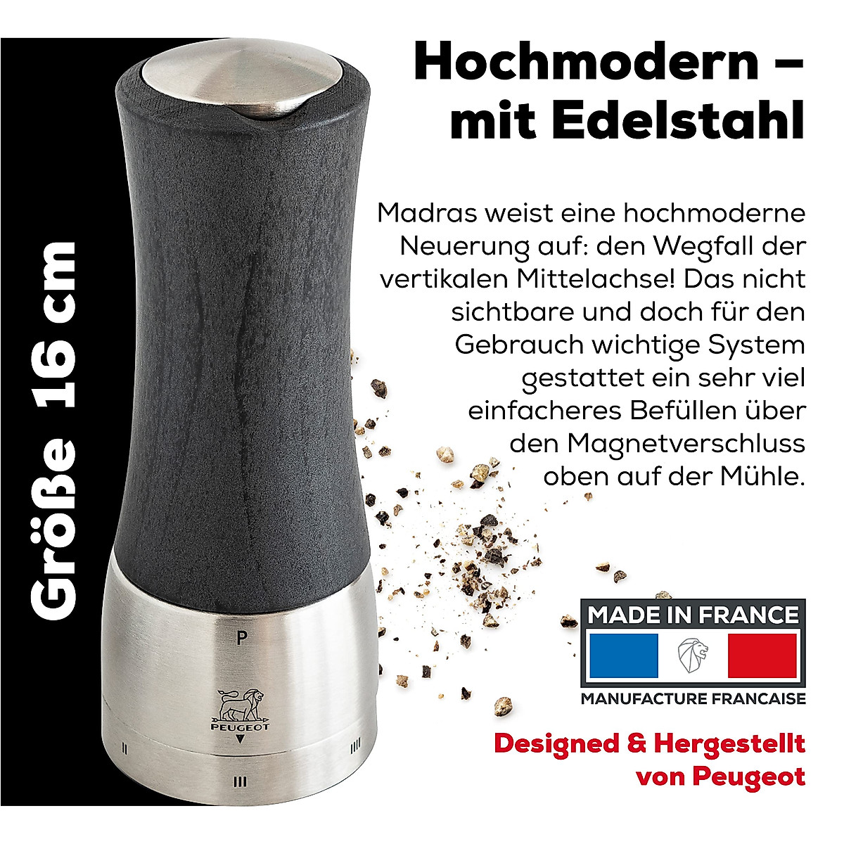 Peugeot - Madras u'Select Manual Pepper Mill - Adjustable Grinder - Stainless Steel & Beechwood, Graphite