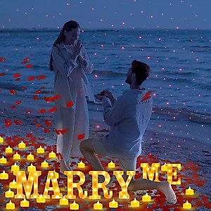 Fumete Marry Me Letter Lights, Night Light Decoration with 4000 Pcs Rose Petals, 72 Pcs Romantic Candles, USB Powered for Valentine Engagement Wedding(Red)