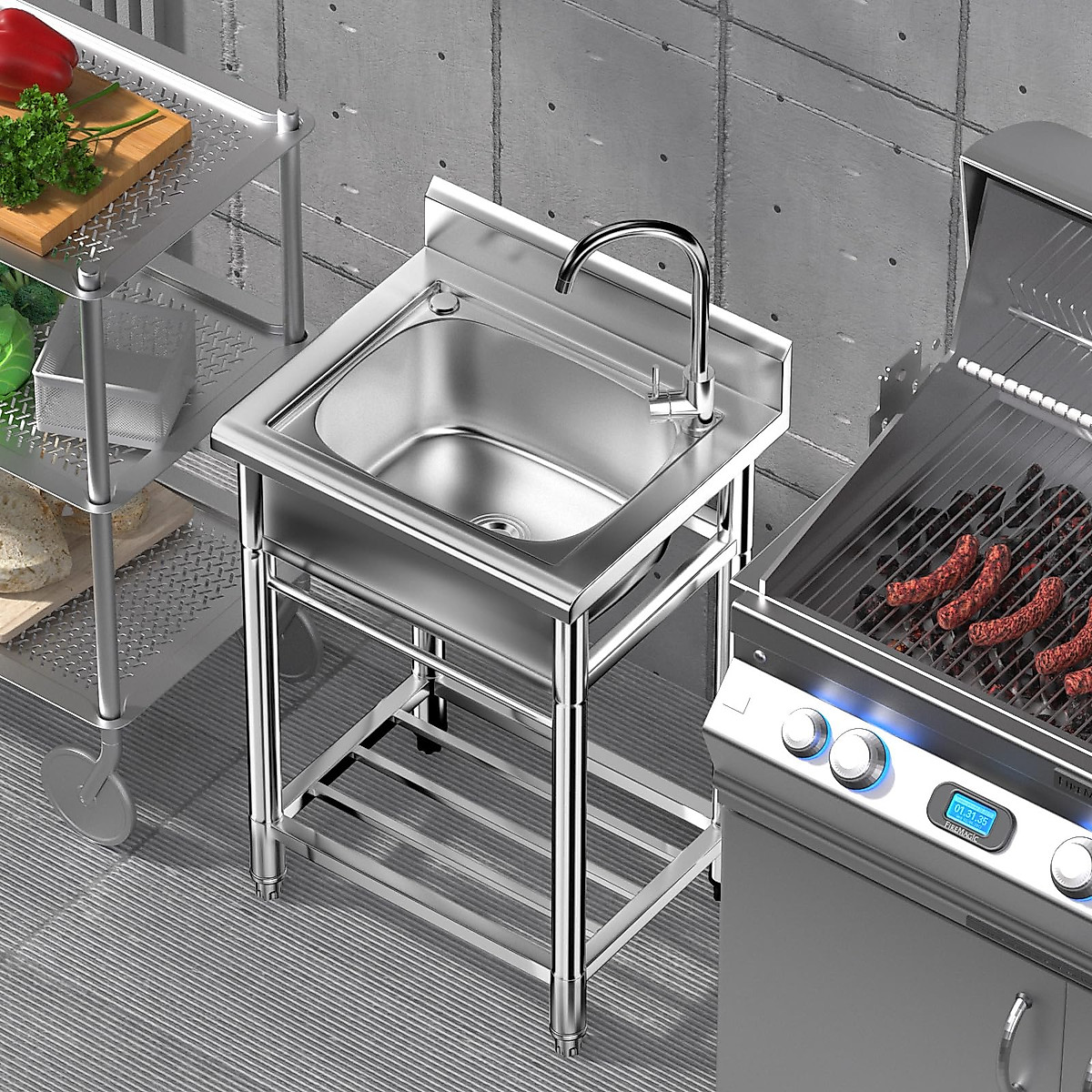 Utility Sink, Stainless Steel Sink, Single Bowl Freestanding Sink Kitchen Sinks with Hot & Cold Hoses Outdoor Sink for Laundry Garden Garage Commercial Restaurant