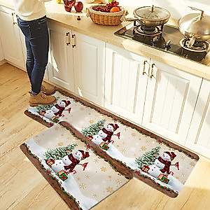 Christmas Cardinal Bird Kitchen Mats and Rugs Set of 2, Snowman Xmas Tree Snowflake Washable Absorbent Kitchen Runner Rug Rustic Brown Wood Carpet Anti-Fatigue Comfort Mat for Kitchen Bathroom Laundry