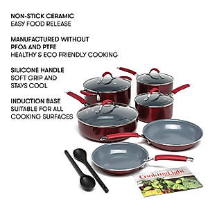 Cooking Light Nonstick Ceramic Pots and Pans Set with Silicone Stay Cool Handles, Dishwasher Safe, 12-Piece Cookware Set, Red