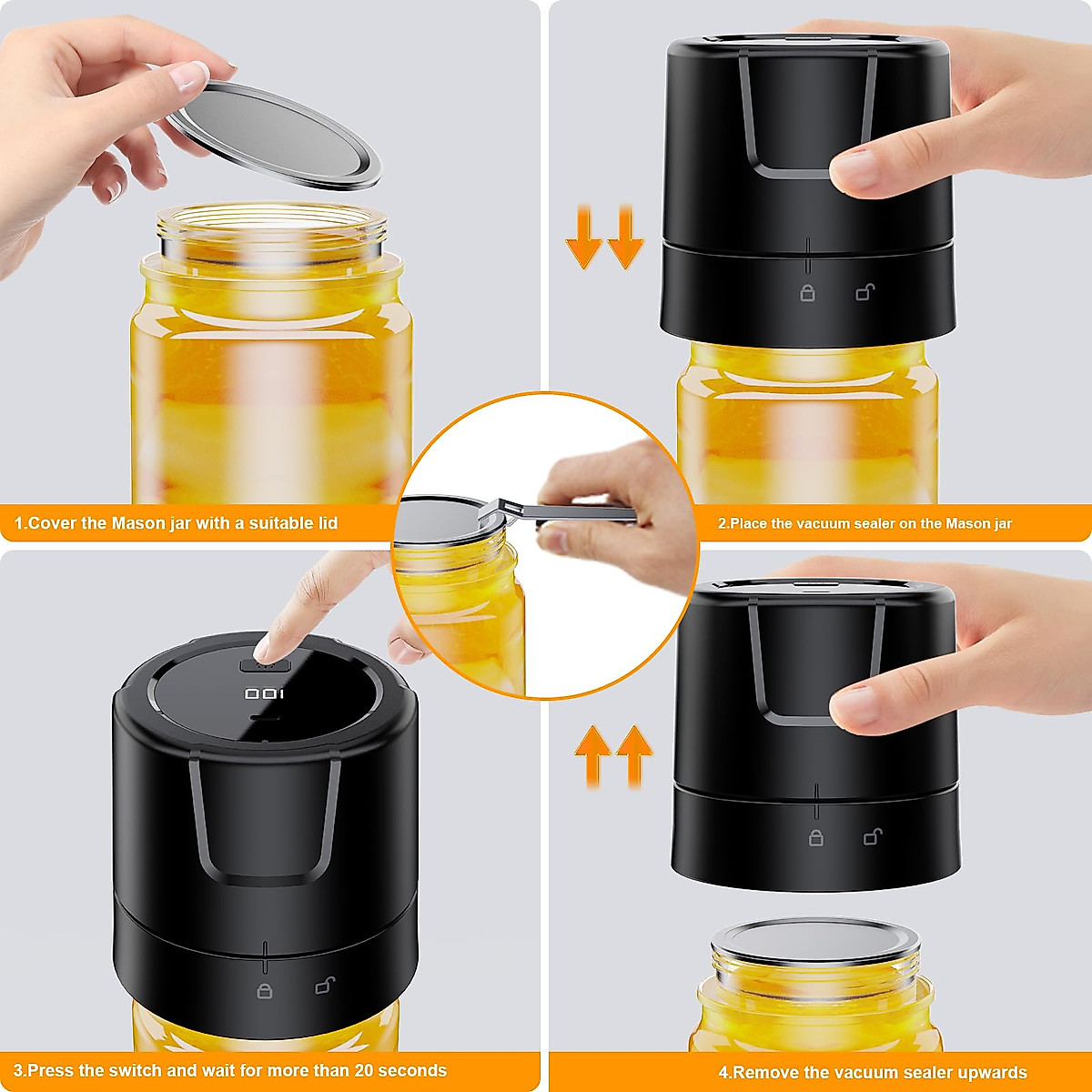 Mason Jars Vacuum Sealer Kit for Wide and Regular Mouth Mason Jars, Wireless Electric Vacuum Seal Machine with 10pcs Lids and An Opener