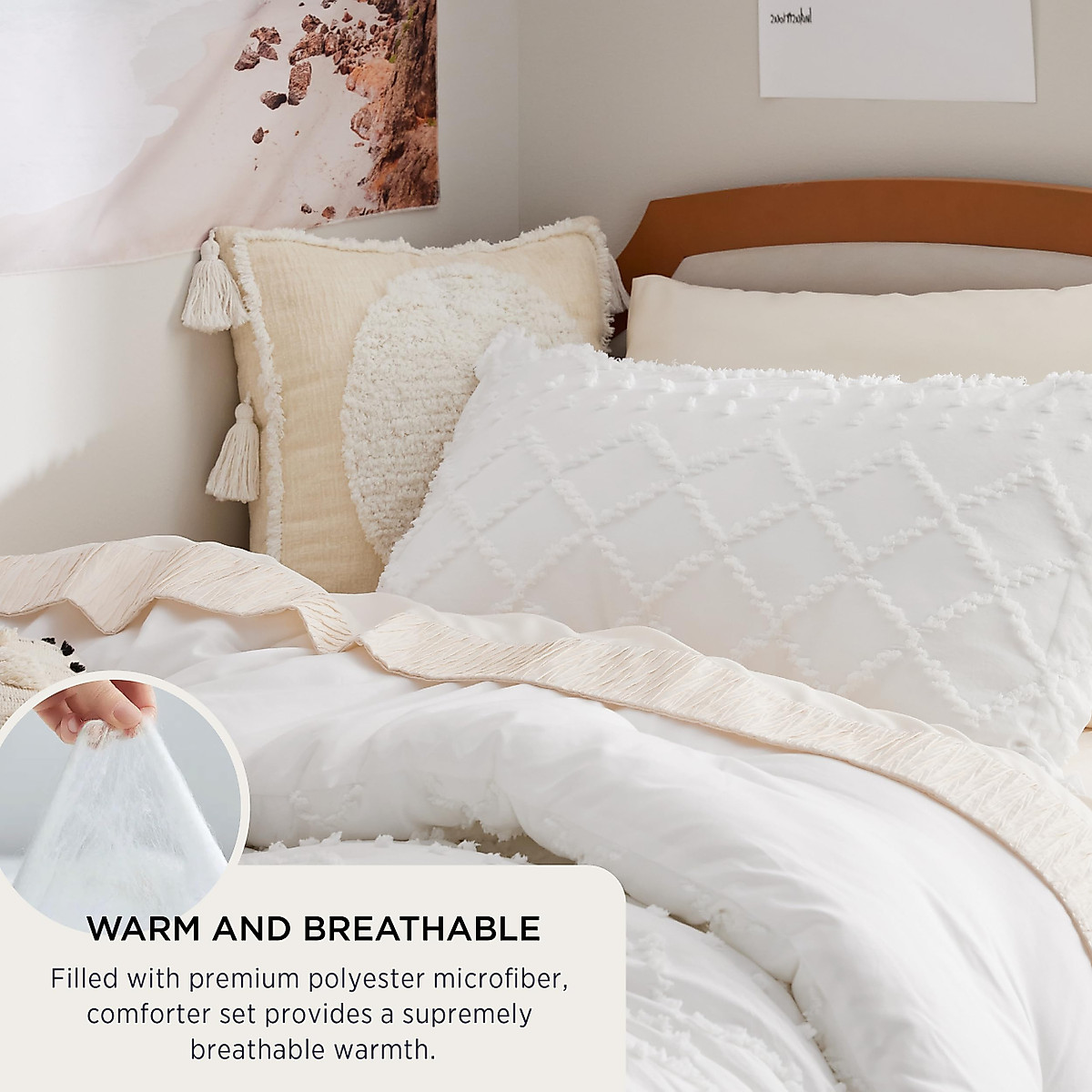 Bedsure Twin/Twin XL Comforter Set - White Boho Twin Extra Long Comforter Set for College, Shabby Chic Dorm Bedding Set, 2 Pieces Modern Farmhouse Bed Set, Includes 1 Pillow Sham