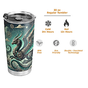 64HYDRO 20oz Steampunk Mechanical Dragon Tumbler, Engineer Mechanic Dragons, Gaming, Gamers Gifts for Dragon Lovers, Stainless Steel Double Wall Vacuum Insulated Coffee Mug, Travel Cup with Lid