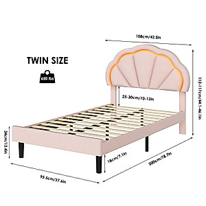 HIFIT Twin Upholstered Smart LED Bed Frame with Adjustable Chic Petal Headboard, Princess Twin Size Platform Bed Frames for Kids/Girls, Wooden Slats Support, No Box Spring Needed, Easy Assembly, Pink