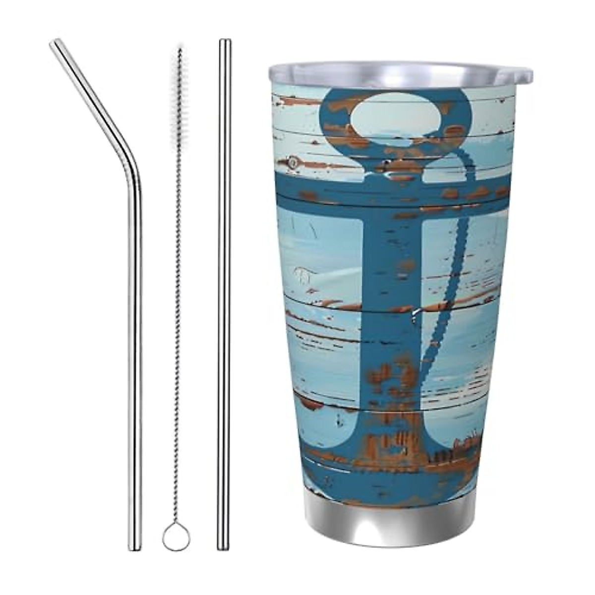 AYCZN Wooden Anchor 20 OZ Tumbler Stainless Steel Travel Coffee Mug, Vintage Nautical Insulated Water Bottle with Lid and Straws Leakproof Thermal Cup