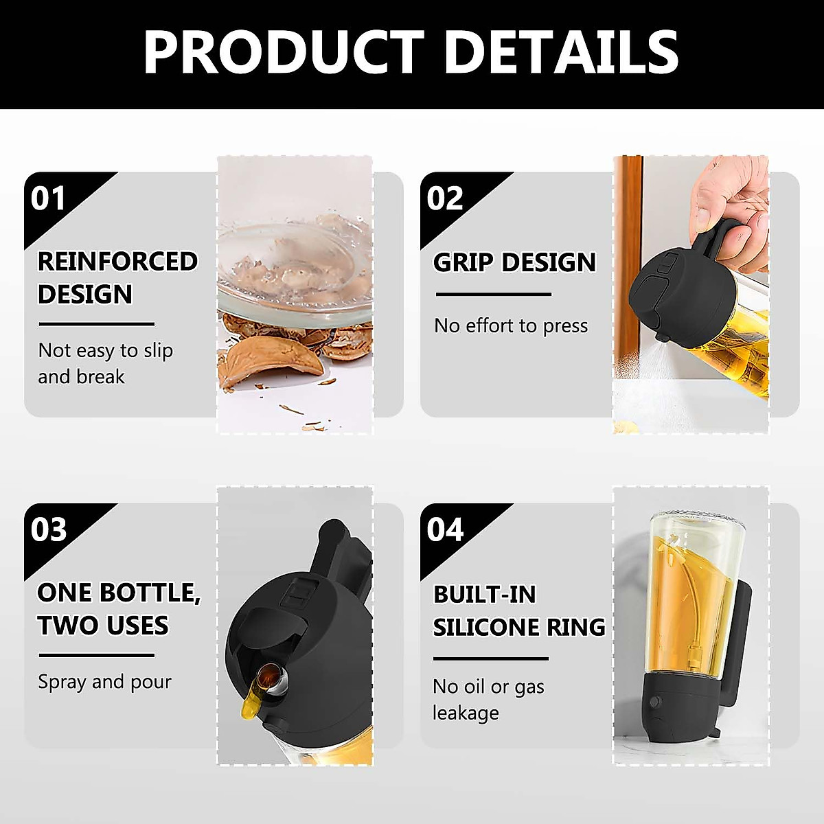 MISEDI Oil Sprayer for Cooking,2 in 1 Glass Oil Sprayer & Dispenser,Oil Dispenser Bottle for Kitchen,Salad, Grilling, Roasting, Baking (Black)