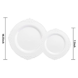 Morejoy 100PCS White Plastic Plates - White Disposable Plates - Include 50 Pieces 10.25 Inch Dinner Plates & 50Pieces 7.5 Inch Dessert Plates - Perfect for Weddings & Thanksgiving & Christmas
