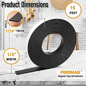 FINDMAG Magnetic Tape with Strong Self Adhesive Flexible Magnetic Strip Magnet Tape Roll Perfect for Craft and DIY Projects, whiteboards & Fridge Organization - 1/16" Thick x 1/2" Wide x 15 feet