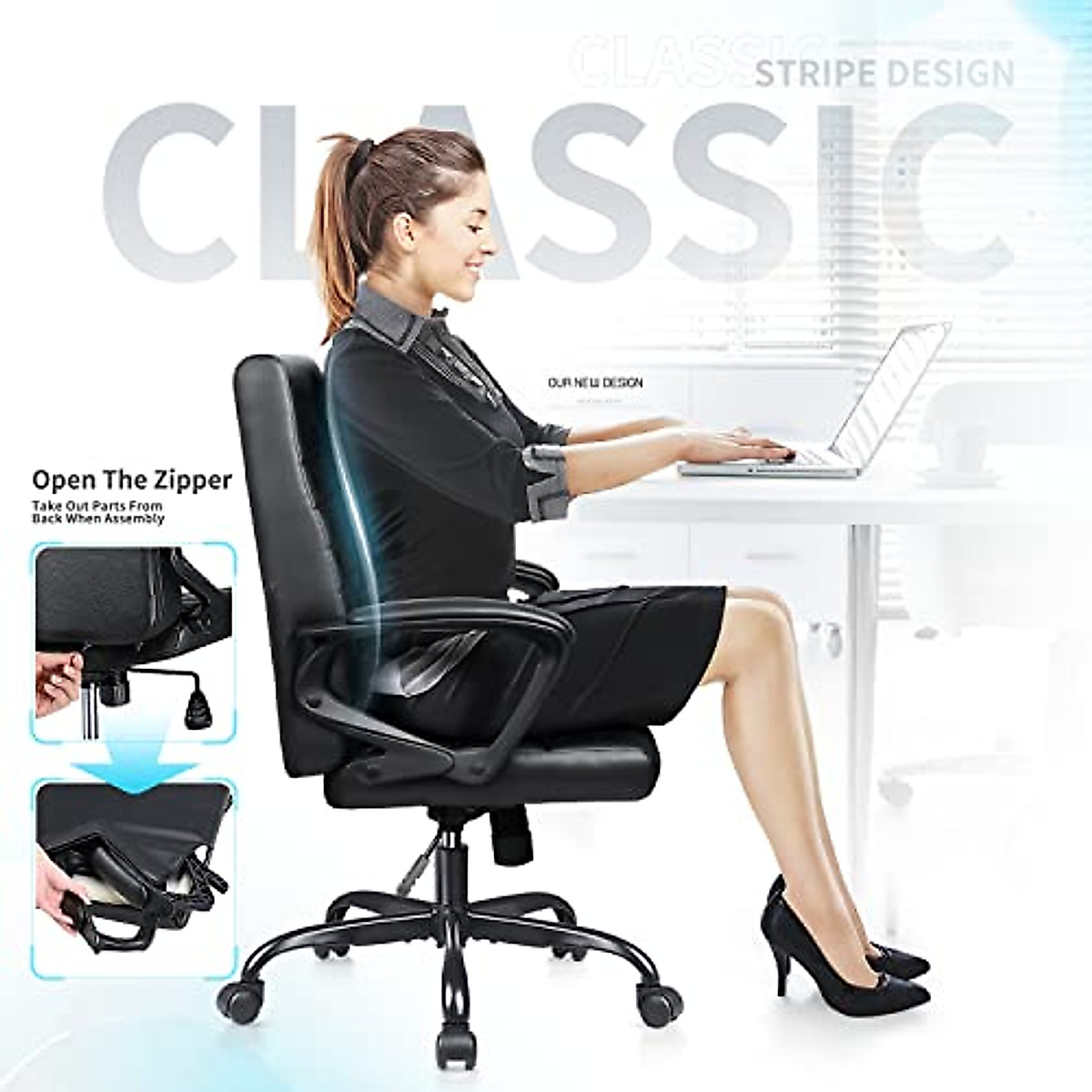 Devoko Office Chair Mid Back Desk Chair PU Leather Executive Office Chair Ribbed Computer Task Chair Swivel Rolling Chair with Padded Arms and PU Wheels, Black