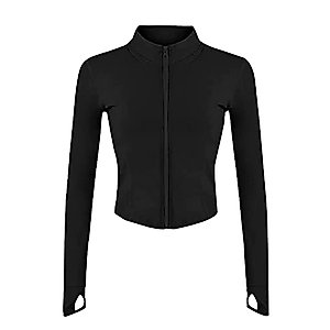 Fenclushy Womens Cropped Slim Athletic Yoga Workout Track Sports Zip Up Jacket with Thumb Holes(Black,M)