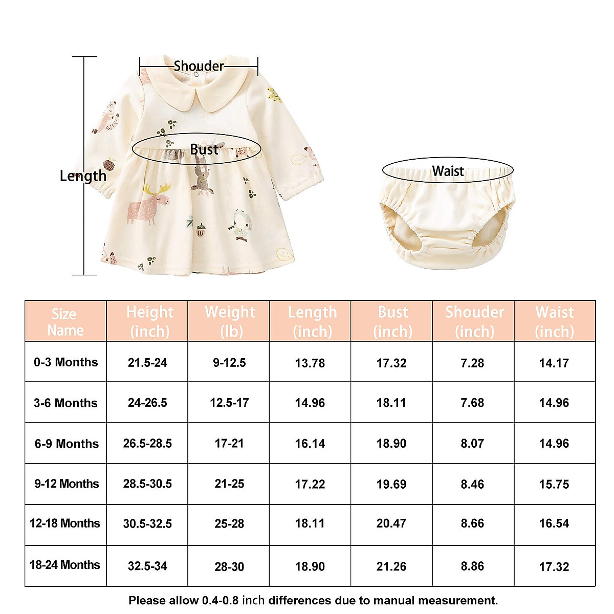 pureborn Baby Girl Dress Infant Long Sleeve Peter-pan Collar Spring Fall Cotton Playwear Dresses Beige 0-3 Months