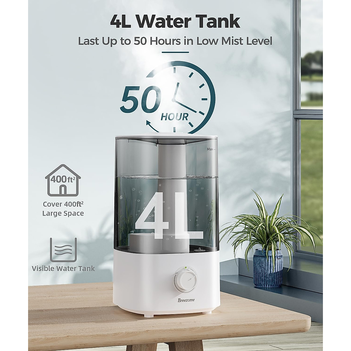 BREEZOME 4L Humidifiers for Bedroom, Ultrasonic Top Fill Cool Mist Humidifiers for Large Room, Last Up to 50 Hours, Humidifiers for Baby, Plants, Nursery