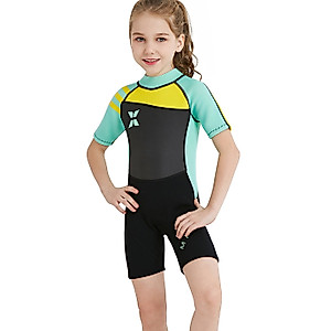 DIVE & SAIL Kids Shorty Suit Short Sleeve Warm Wetsuit 2.5mm Diving Suit Full Suit Back Zipper One Piece Swimsuit Green S