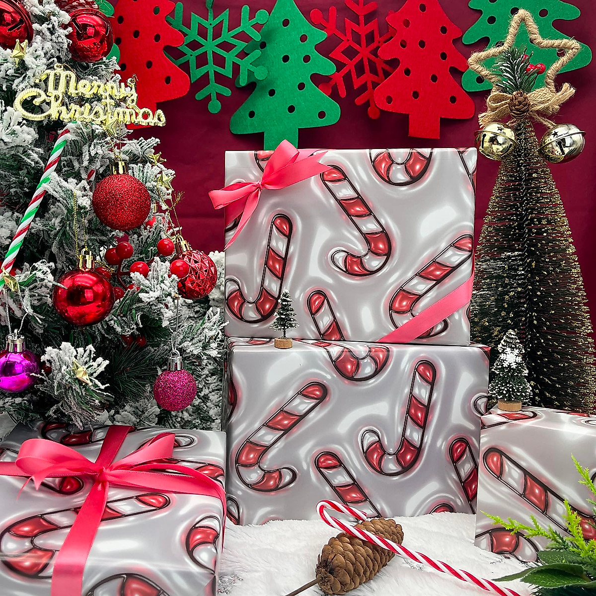 Dtiafu 3D Inflated Puff Candy Cane Wrapping Paper - Metallic Sliver Christmas Decoration - 6 Pcs Gift Wrapping Paper for Xmas Holiday