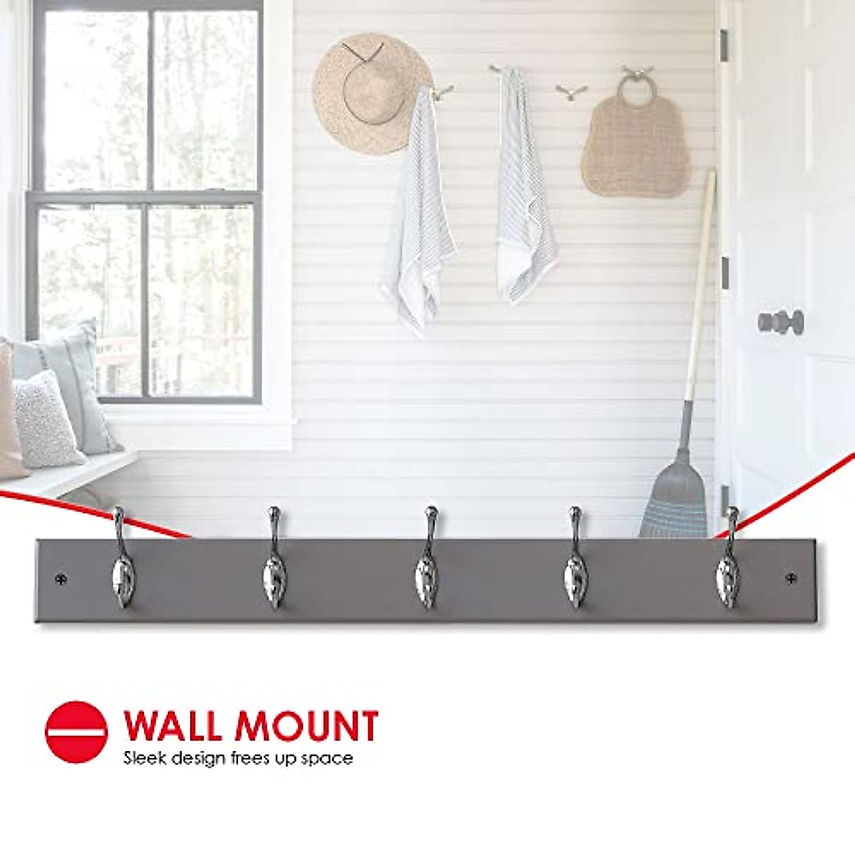 Home Basics Durable 5-Double-Hooks Wall-Mounted Hanging Rack, Grey | Place in Entry Way | Hanging in a Garage | Store Essentials Before You Leave The House
