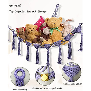 Salamanda Stuffed Animal Net or Hammock with wall decal and star LED Light, Boho Toy Hammock Hanging Stuffed Animal Storage Net Organizer Holder for Bedroom, Nursery (B-Purple)