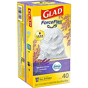 GLAD ForceFlex Tall Drawstring Trash Bags, 13 Gallon White Trash Bags for Tall Kitchen Trash Can, Mediterranean Lavender with Febreze Freshness to Eliminate Odors, 40 Count