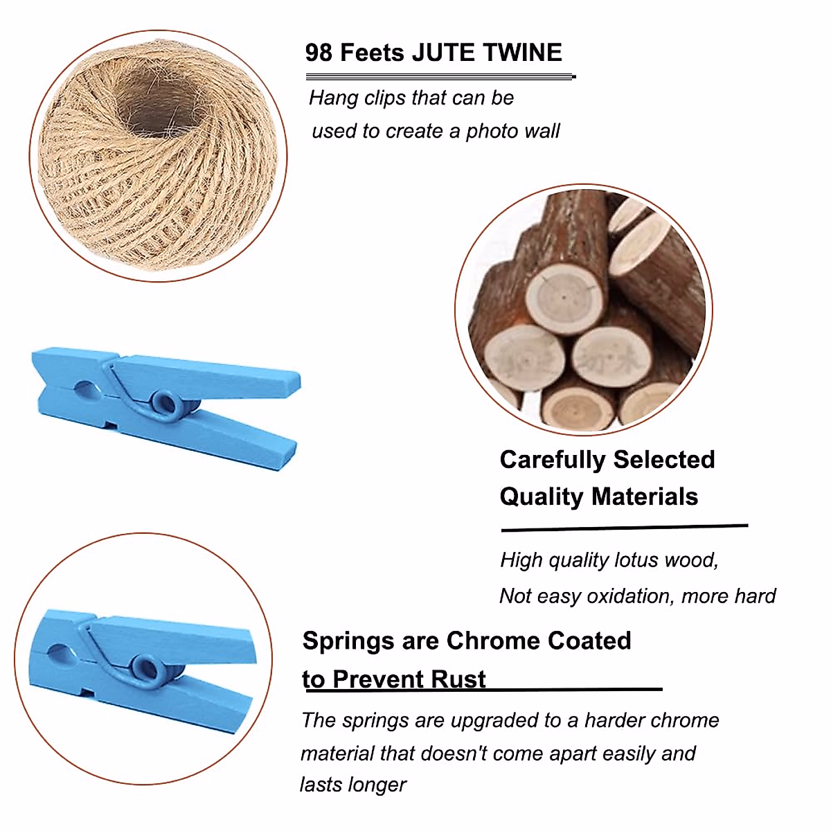 100 pcs Mini 25mm Natural Wooden Clips Photo Clips Clothespin DIY Wedding Party Wooden Clip Clips Pegs with 98 FT Jute Twine String(Blue)