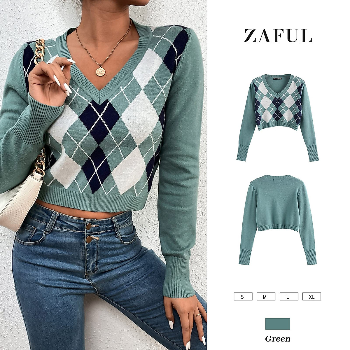 ZAFUL Women's Sweaters Long Sleeve V-Neck Argyle Knitted Crop Sweater Pullover Tops Green