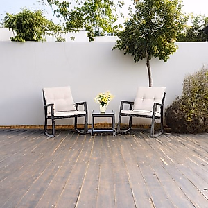 Shintenchi 3 Piece Outdoor Rocking Bistro Set, Textilene Fabric Small Outdoor Furniture, Front Porch Rocker Chairs Conversation Set with Table for Lawn, Garden, Balcony, Poolside (White)