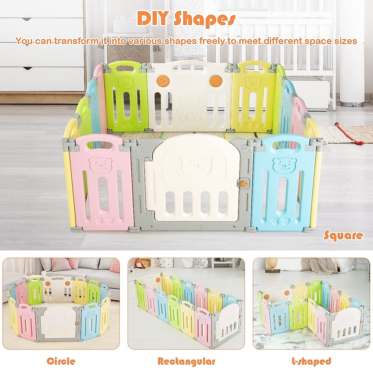 INFANS Baby Playpen, Kids Play Activity Center Yard for Toddlers, 14-Panel Safety Foldable Play Yard with Safety Lock, Adjustable Shape, Game Panel & Gate for Indoors or Outdoors (Colorful)