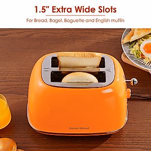 2 Slice Toaster Roter Mond Retro Stainless Steel Toaster with Bagel, Cancel, Defrost Function and 6 Bread Shade Settings Bread Toaster, Extra Wide Slot and Removable Crumb Tray, Orange