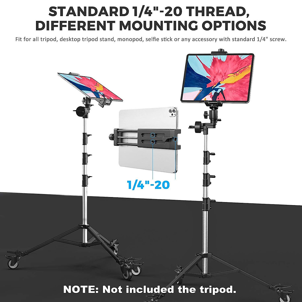 KDD iPad Tripod Mount Adapter with Ball Head, Fully Metal iPad Holder for Tripod, Phone Tablet Mount Stand Compatible with iPad Pro 12.9, iPad Air 2 3 4, iPad Mini, Galaxy Tab, iPhone (4-15”)