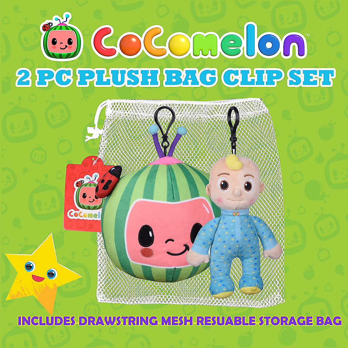 Cocomelon JJ & Watermelon Plush Bag Clip Set - Perfect Toys for Preschoolers and Toddlers