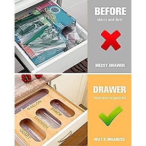 Ziplock Bag Organizer, Bag Storage Organizer for Kitchen Drawer, Plastic Bag Organizer for Gallon, Quart, Sandwich, Snack, Slider, Bamboo Baggie Organizer Compatible with Ziploc, Glad, Hefty, Solimo