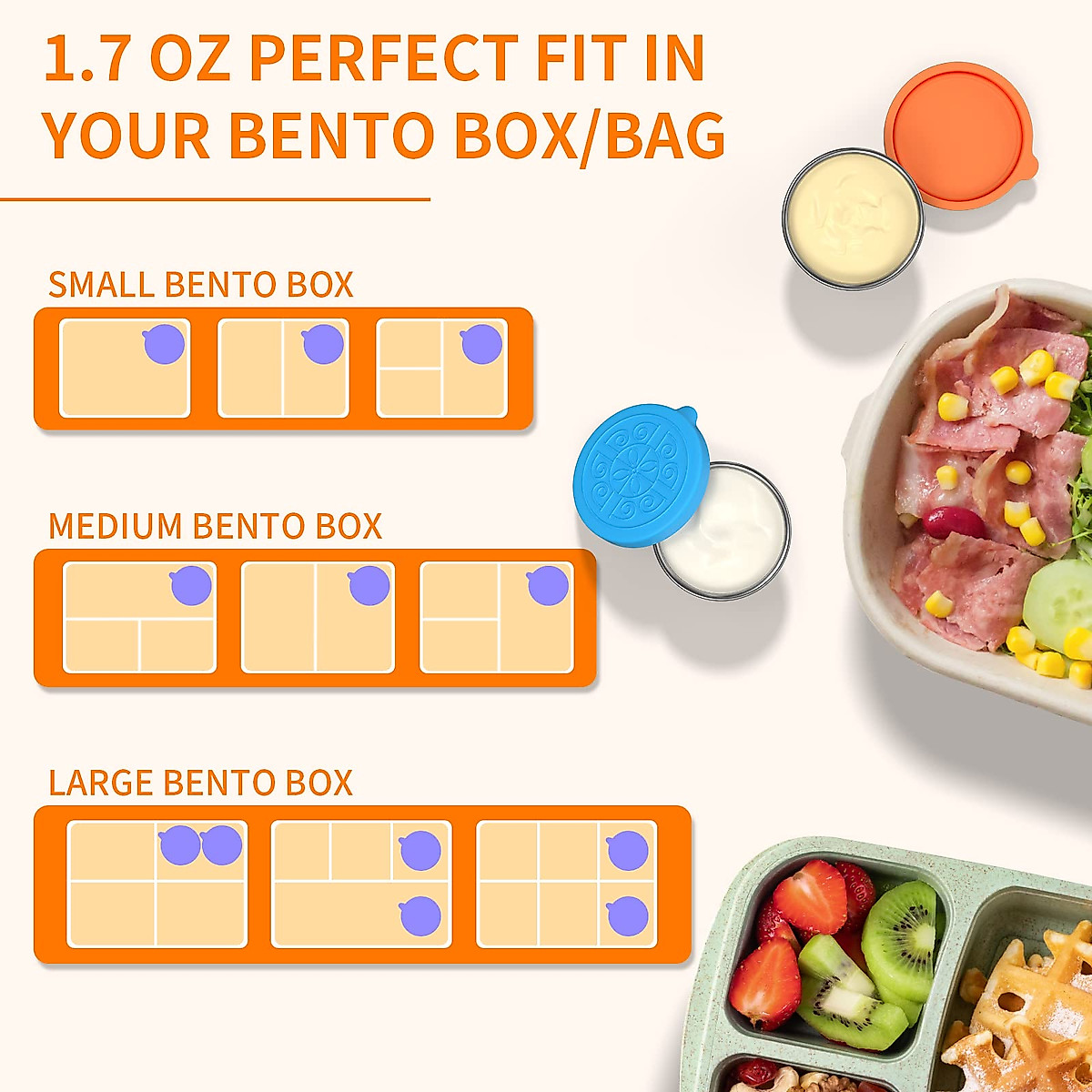 1.7 Oz/50ml Salad Dressing Container To Go, 6 Pack Small Containers with Lids, Reusable Sauce Containers for Lunch Box with Silicone Lids, Stainless Steel Small Food Containers, Leakproof, Sauce Cups