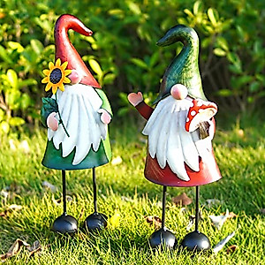 HONGLAND Garden Gnome Statue Outdoor Metal Gnome Yard Art 18 Inch Gnome Figurine Decorative Stakes for Holiday Xmas Lawn Patio Yard Garden Decor-2 PCS