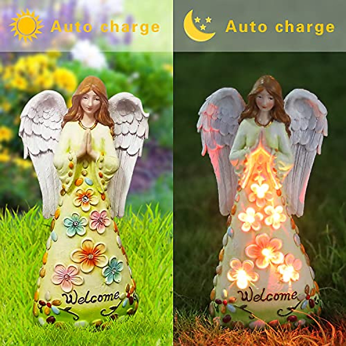 YAZJIWAN Solar Garden Light Outdoor, Angel Statues with Colour Changing Lights Decoration, Waterproof Resin Angel Figurine LED Lights for Patio,Yard, Lawn,Walkway,Tabletop,Ground Ornament Gift