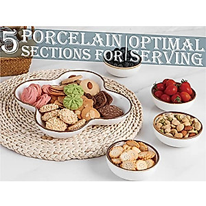 ONEMORE Chip and Dip Serving Set, 10 inch Ceramic Divided Serving Platter Large Appetizer Tray with 4 Removable Dishes for Nuts, Candy, Snacks, Veggies - Creamy White Serving Bowls for Entertaining