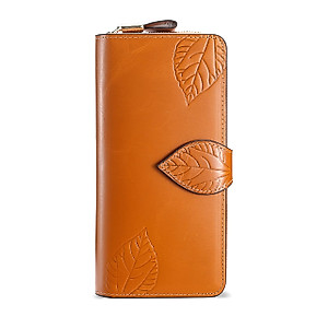 Yafeige Large Luxury Women's RFID Blocking Tri-fold Leather Wallet Zipper Ladies Clutch Purse(1-Waxed Brown)